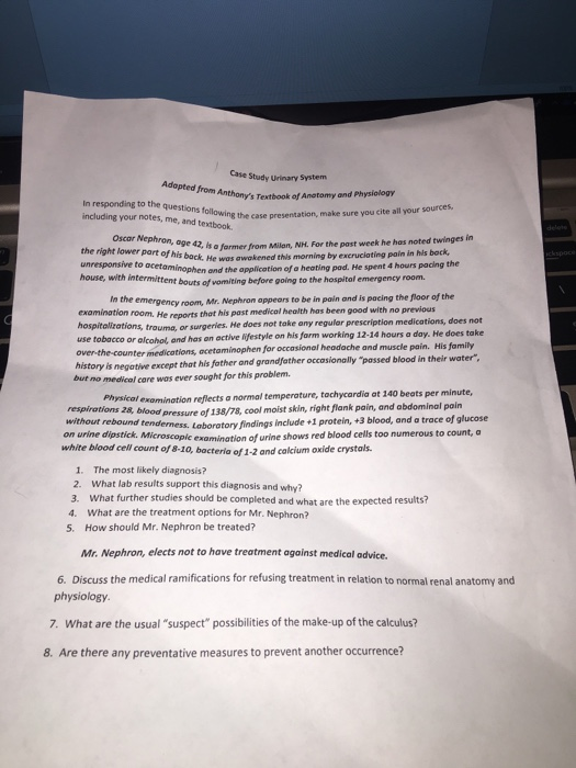 Solved Case Study Urinary System Adopted from Anthony's y's | Chegg.com
