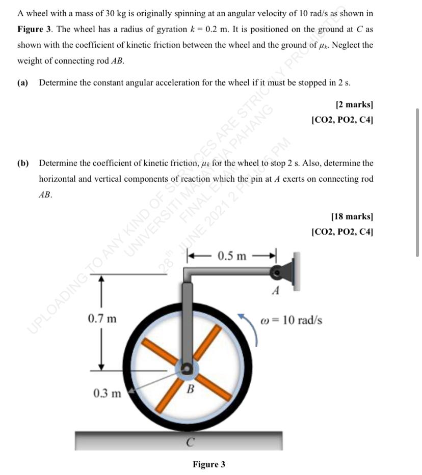 Solved A wheel with a mass of 30 kg is originally spinning | Chegg.com