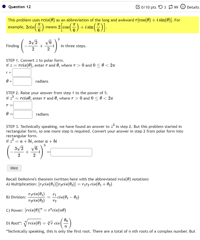 Solved This problem uses rcis(θ) ﻿as an abbreviation of the | Chegg.com