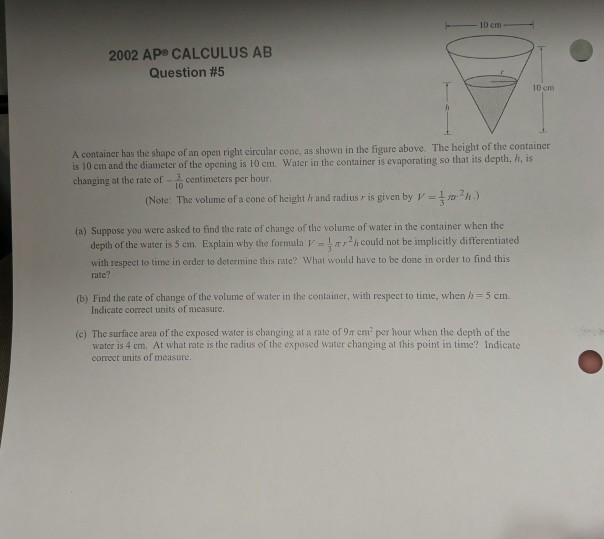 Solved ID cm 2002 APe CALCULUS AB Question #5 A container | Chegg.com