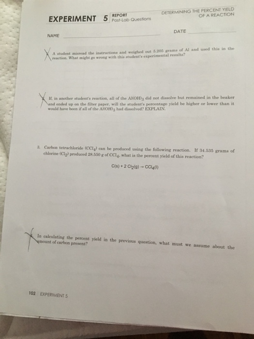 Solved Determining The Percent Yield Of A Reaction