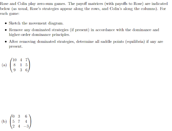 Solved Rose and Colin play zero-sum games. The payoff | Chegg.com