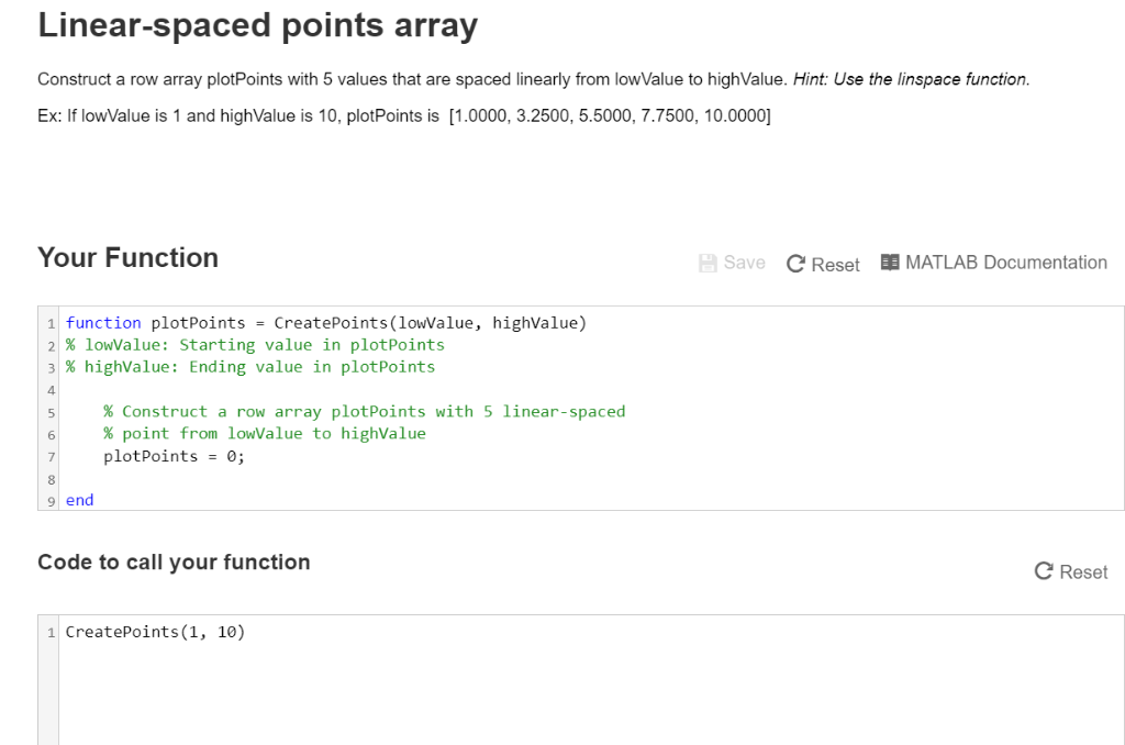 Solved Linear Spaced Points Array Construct Row Array Plotpoints 5 Values Spaced Linearly