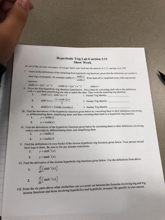 Solved Hyperbolic Trig Lab 6 section 3.11 Show Work Do all | Chegg.com