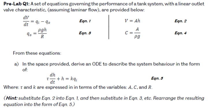 Solved Pre-Lab Q1: A set of equations governing the | Chegg.com