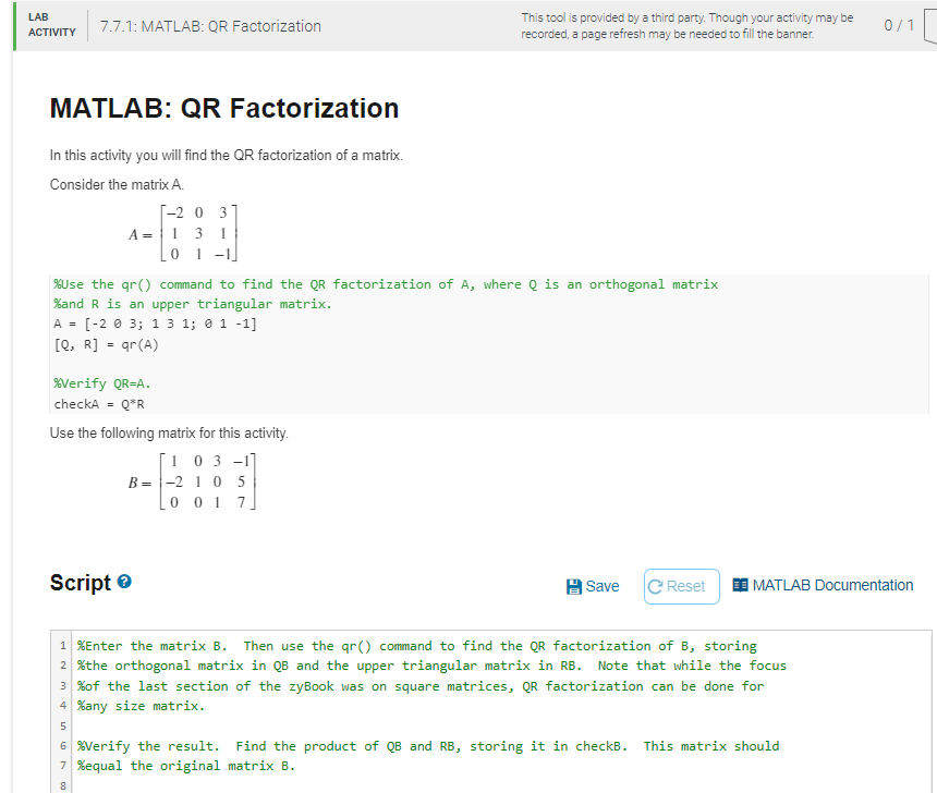 7.7.1: MATLAB: QR Factorization This tool is provided | Chegg.com