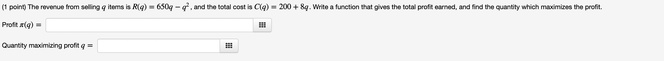 Solved Profit π(q)= Quantity maximizing profit q= | Chegg.com