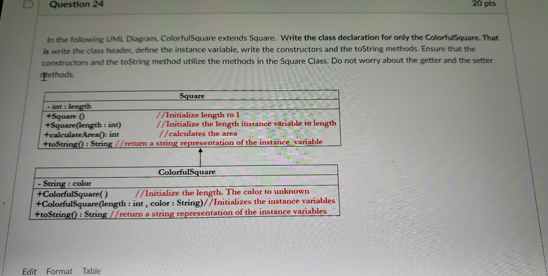 Solved In the following UML Diagram, ColorfulSquare extends | Chegg.com