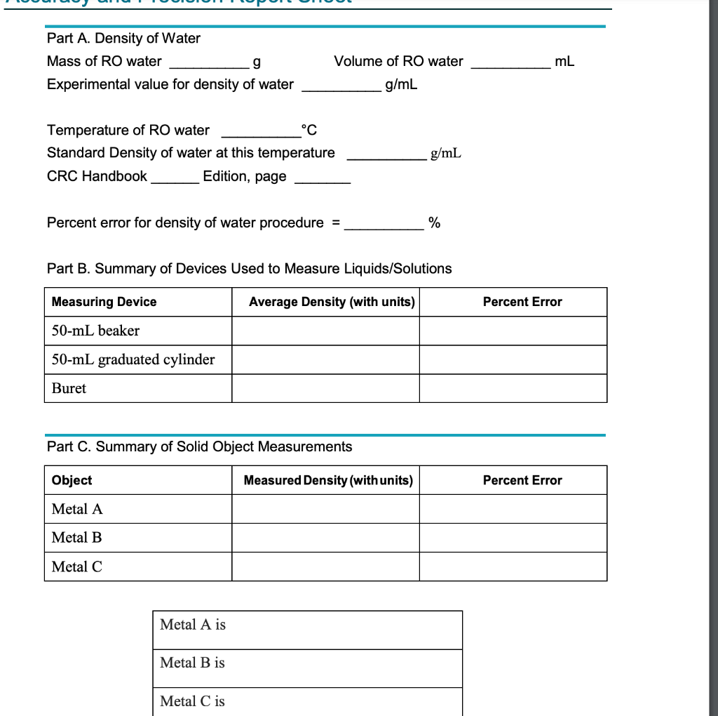 Part A. Density of Water Mass of RO water g | Chegg.com