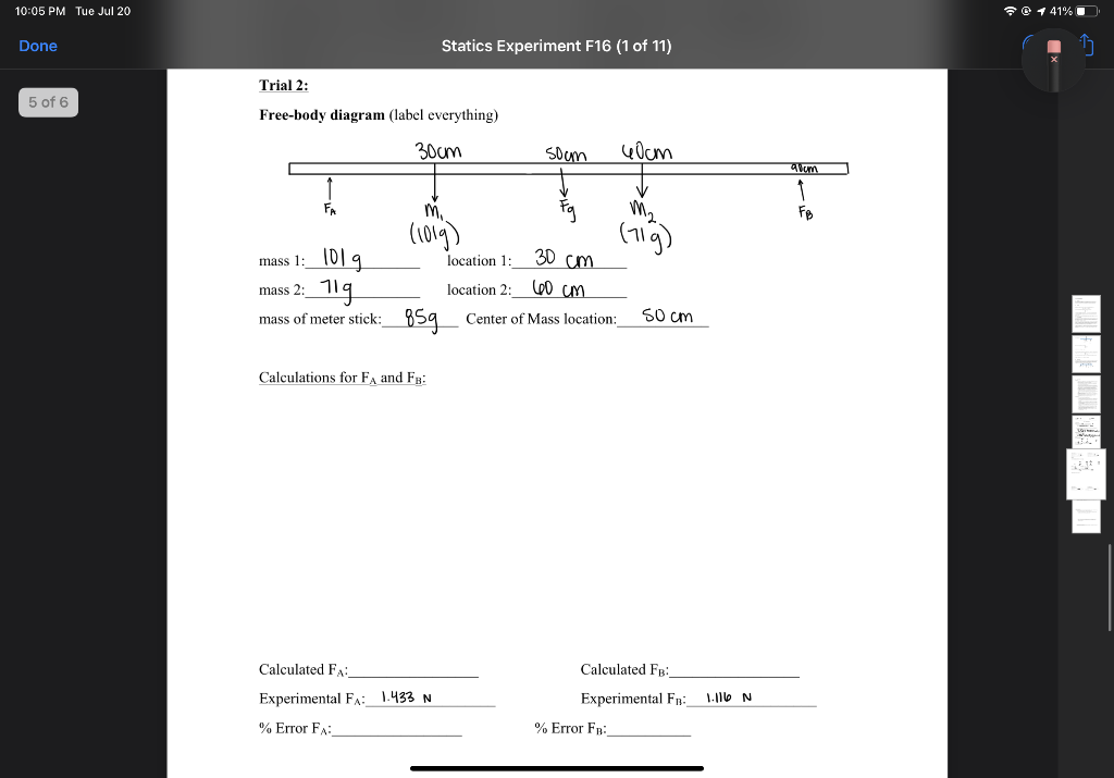 Solved 10:05 PM Tue Jul 20 41% 0 Done Statics Experiment F16 | Chegg.com