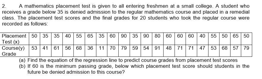 Solved 2. A mathematics placement test is given to all | Chegg.com