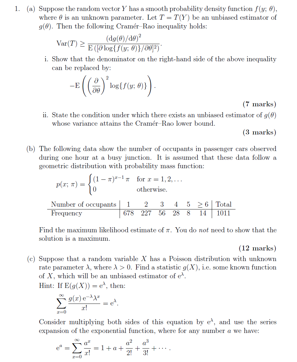 Solved 1. (a) Suppose the random vector Y has a smooth | Chegg.com