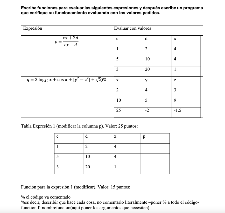 Crear un codigo de matlab con funciones que resuelvan | Chegg.com