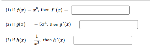 Solved (1) If f(x) = 28, then f'(x) = = (2) If g(2) = – 5x^, | Chegg.com