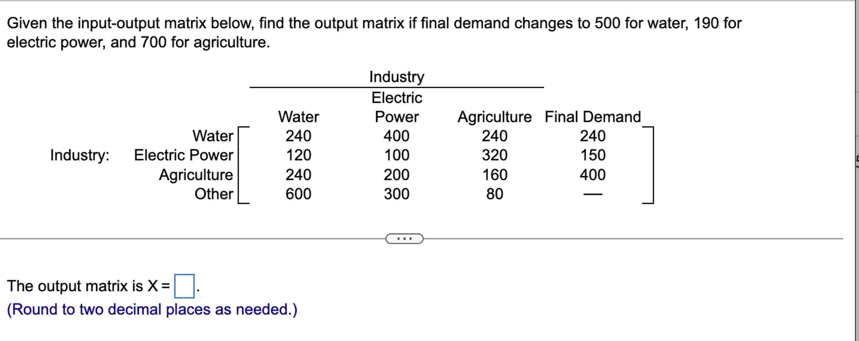 Solved Given the input-output matrix below, find the output | Chegg.com