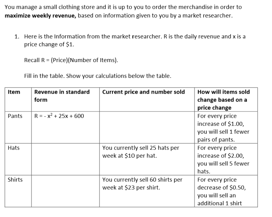 Solved You manage a small clothing store and it is up to you | Chegg.com