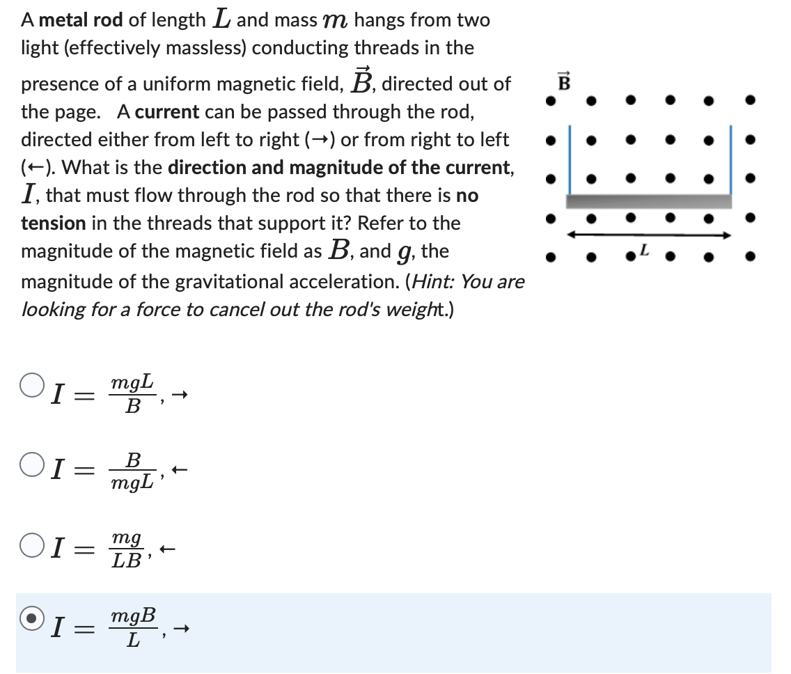 Solved A metal rod of length L and mass m hangs from two | Chegg.com
