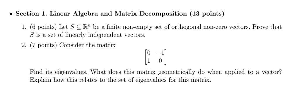 Solved • Section 1. Linear Algebra and Matrix Decomposition | Chegg.com