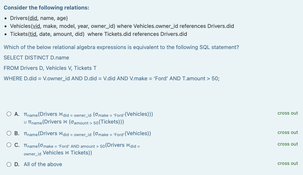 Solved Consider the following relations: • Drivers (did, | Chegg.com