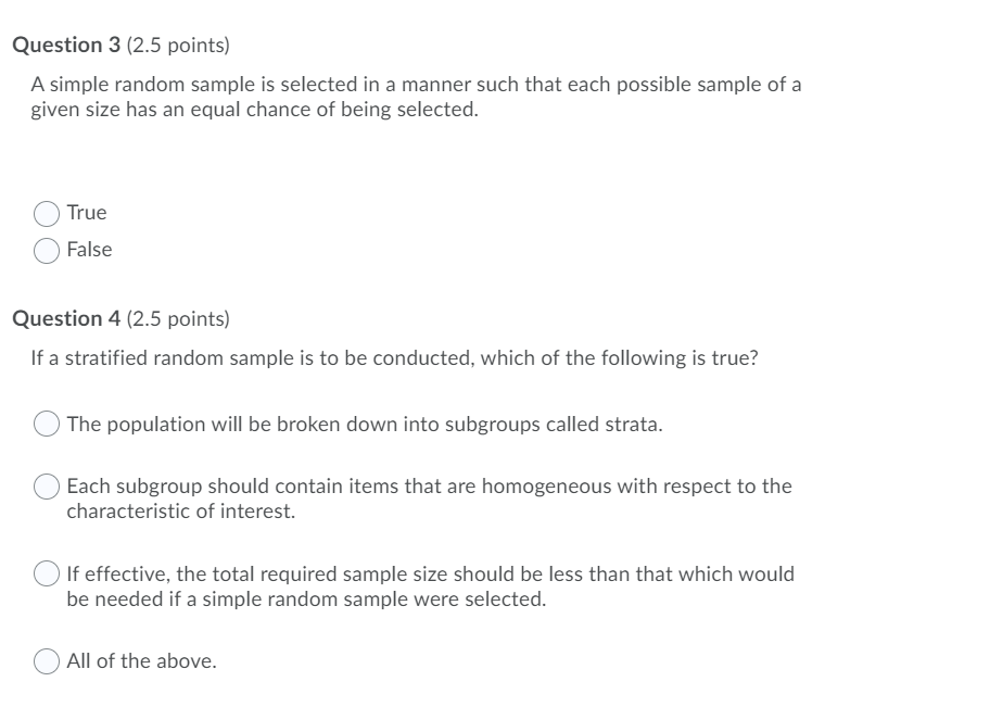 Solved Question 3 (2.5 points) A simple random sample is | Chegg.com