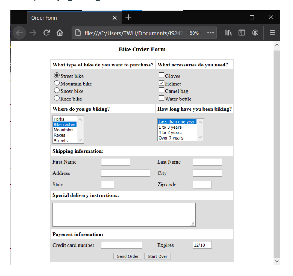 Solved Please use HTML to create a Bike Order Form webpage | Chegg.com