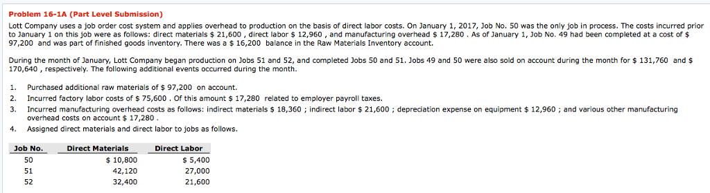 Solved Problem 16-1A (Part Level Submission) Lott Company | Chegg.com