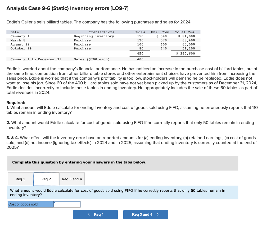 Solved Analysis Case 9-6 (Static) Inventory errors [LO9-7] | Chegg.com