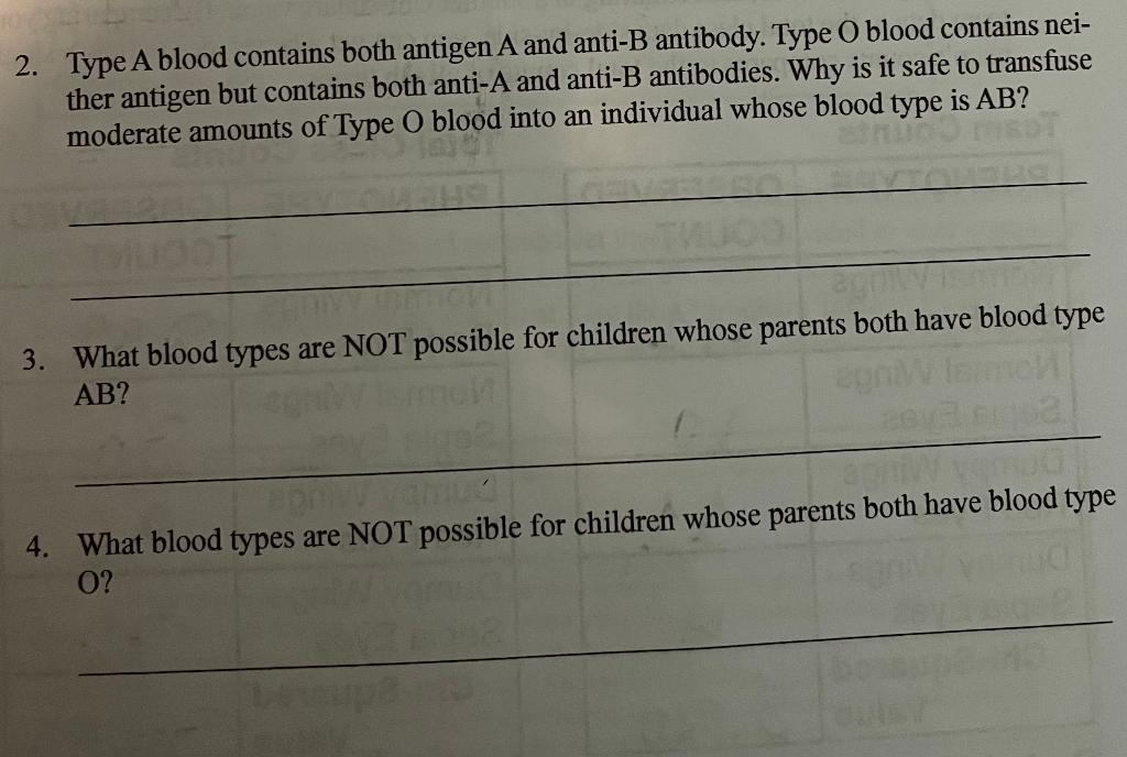 Solved 2. Type A blood contains both antigen A and anti-B | Chegg.com