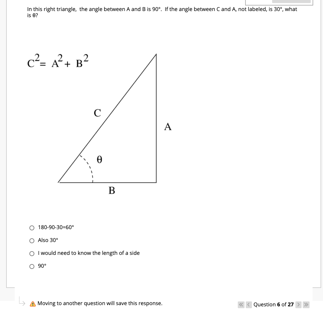 Solved In this right triangle, the angle between A and B is | Chegg.com
