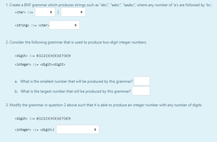 Solved 1. Create a BNF grammar which produces strings such | Chegg.com