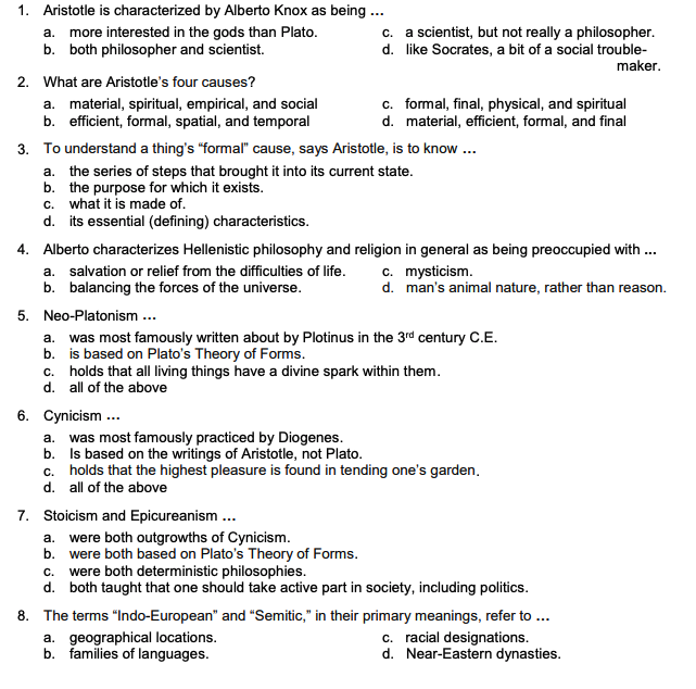 Solved 1. Aristotle is characterized by Alberto Knox as | Chegg.com