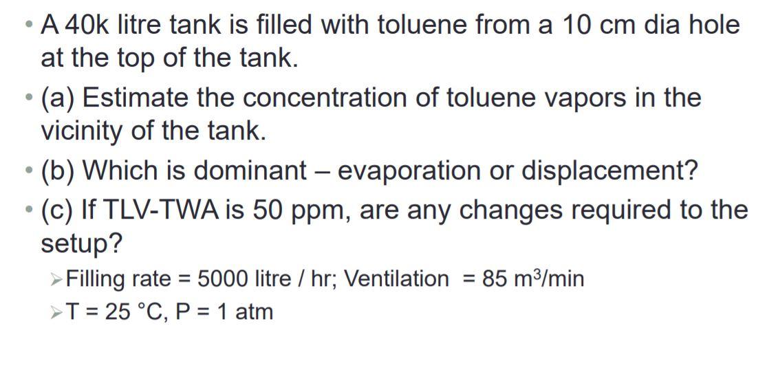 Solved A 40k litre tank is filled with toluene from a 10 cm | Chegg.com