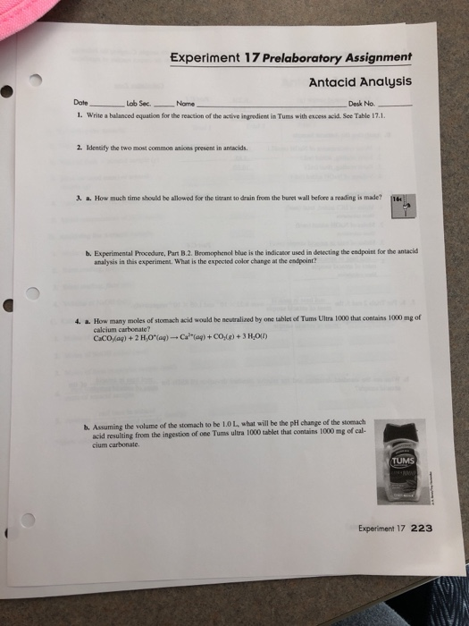 Experiment 17 Prelaboratory Assignment Antacid | Chegg.com