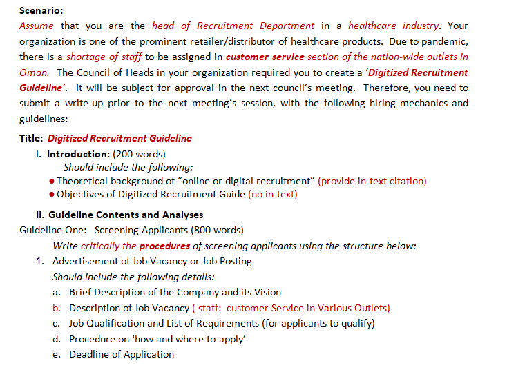 Scenario: Assume that you are the head of Recruitment | Chegg.com