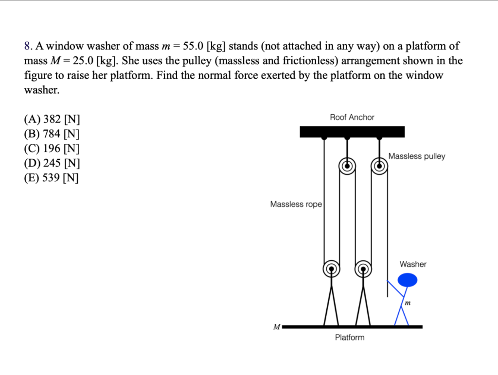 Solved 8. A window washer of mass m = 55.0 [kg] stands (not | Chegg.com