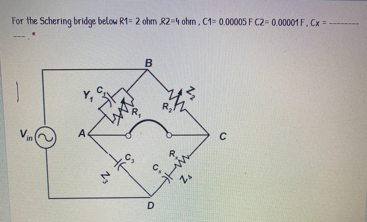 Solved For the Schering bridge below R1= 2 ohm ,R2=4 ohm , | Chegg.com
