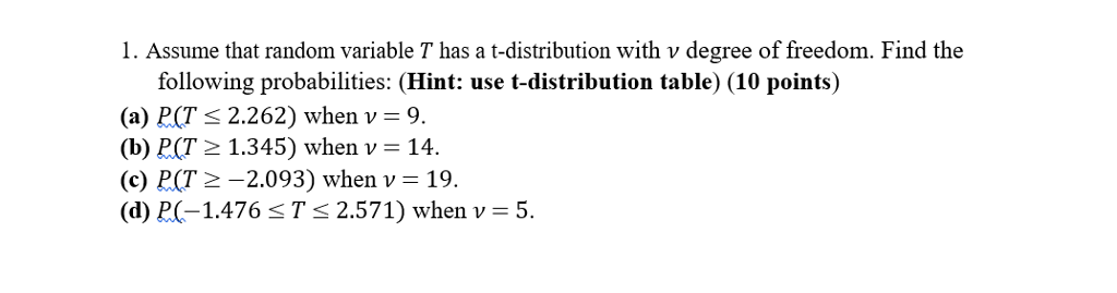 Solved 1. Assume that random variable T has a t-distribution | Chegg.com