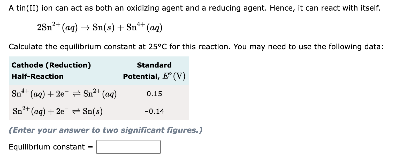 Solved 2Sn2+(aq)→Sn(s)+Sn4+(aq) Calculate the equilibrium | Chegg.com