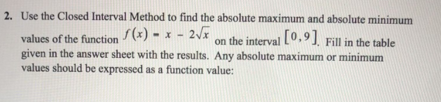 Solved 2. Use the Closed Interval Method to find the | Chegg.com