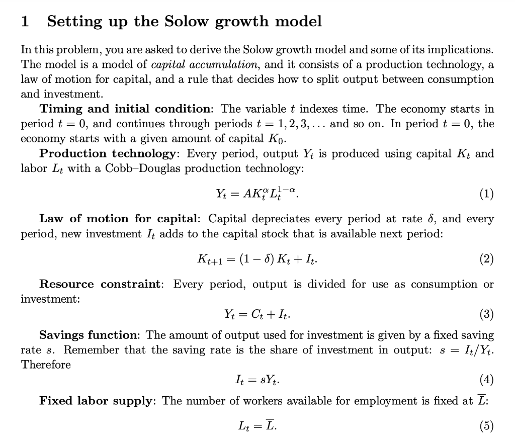 Solved 1 Setting up the Solow growth model In this problem, | Chegg.com