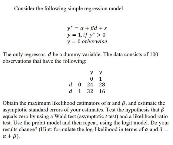 Consider the following simple regression model y* = a | Chegg.com