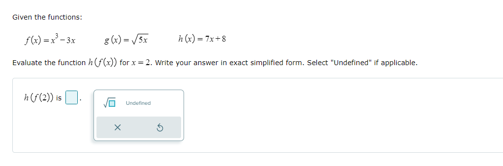 Solved Given the functions: f(x)=x3−3xg(x)=5xh(x)=7x+8 | Chegg.com