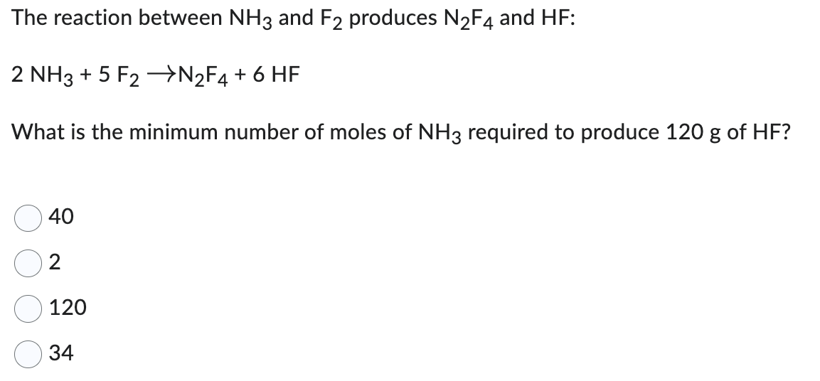 Solved The reaction between NH3 and F2 produces N2 F4 and HF | Chegg.com