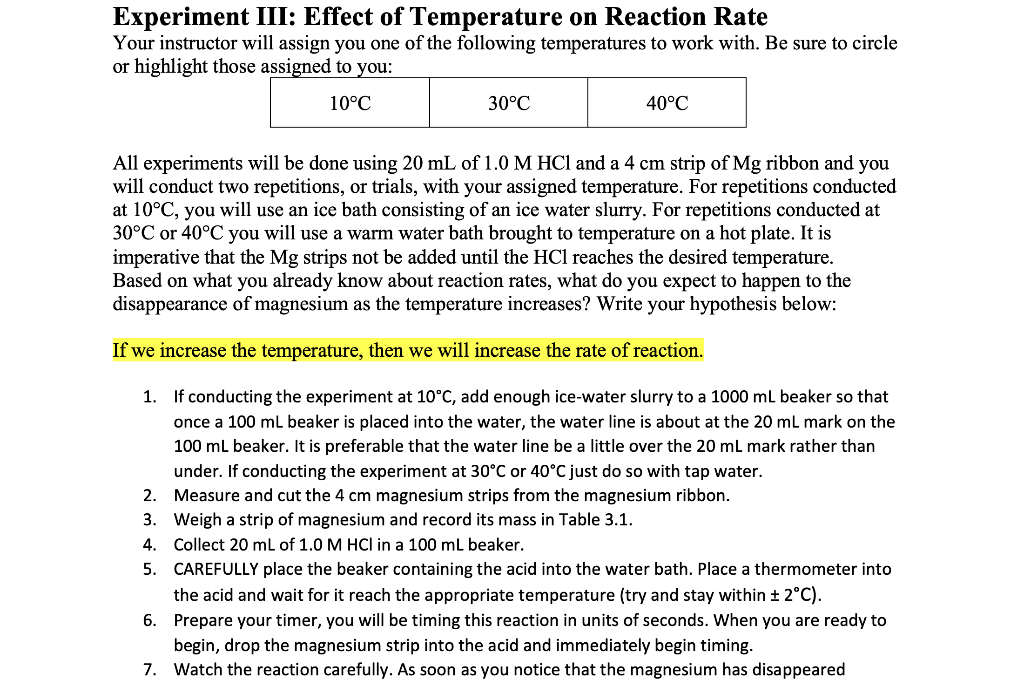 Experiment III: Effect of Temperature on Reaction | Chegg.com