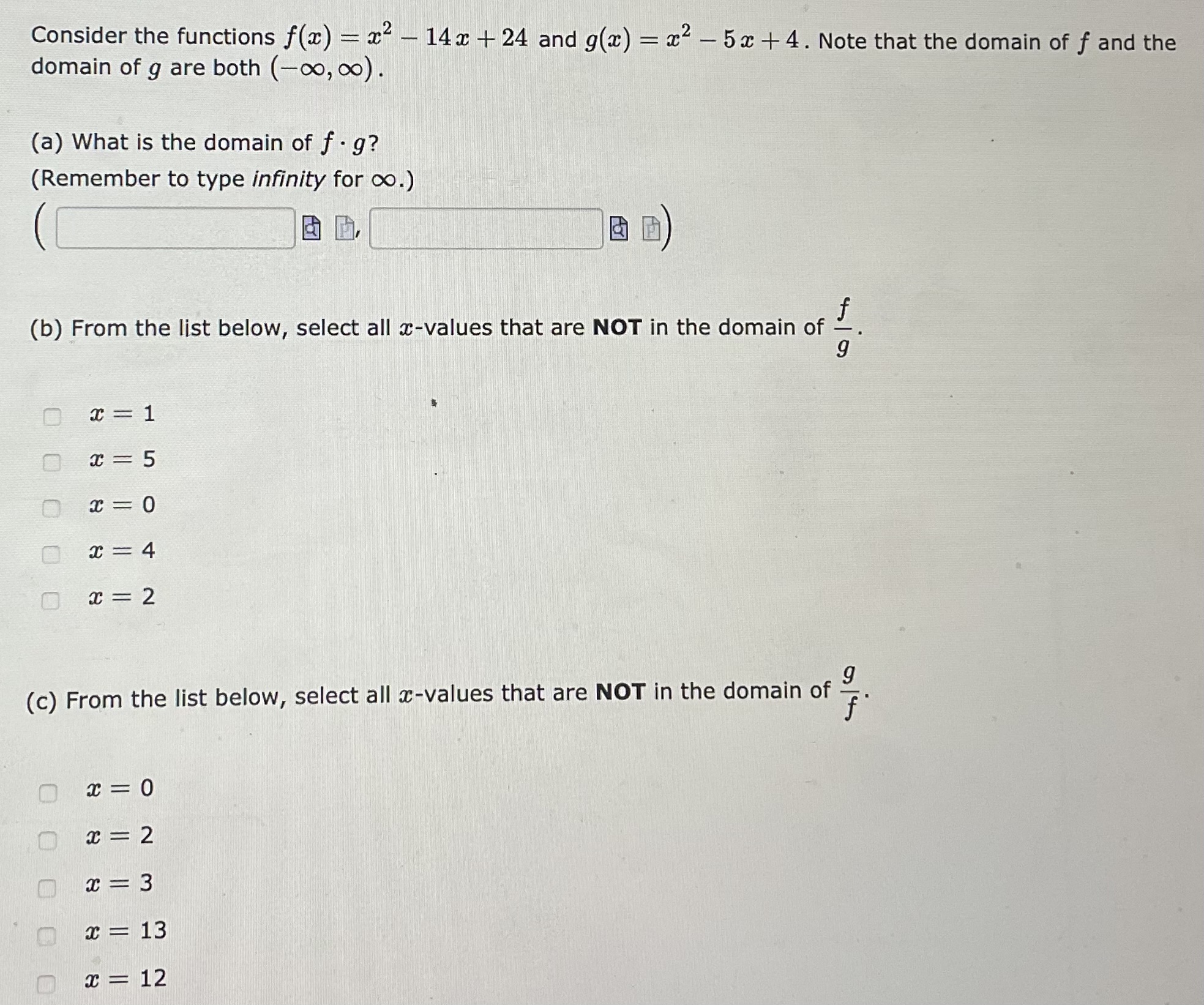Solved Consider the functions f(x)=x2-14x+24 ﻿and | Chegg.com