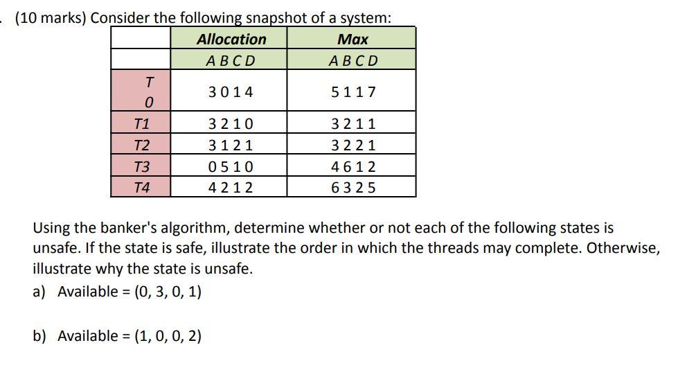 Solved 10 Marks Consider The Following Snapshot Of A 