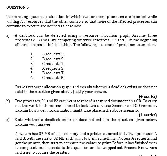 Solved QUESTION 5 In operating systems, a situation in which | Chegg.com