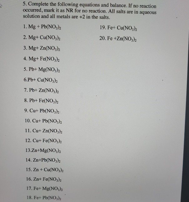 Solved 5. Complete the following equations and balance. If | Chegg.com