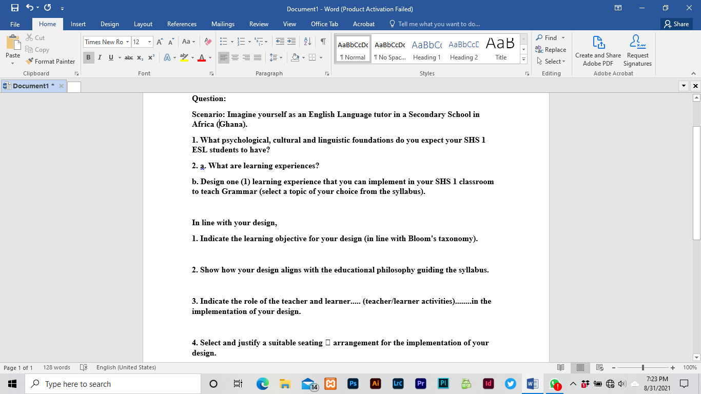 SU Document1 - Word (Product Activation Failed) X | Chegg.com
