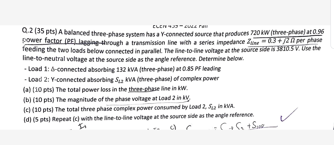 Solved Q.2 (35 pts) A balanced three-phase system has a | Chegg.com